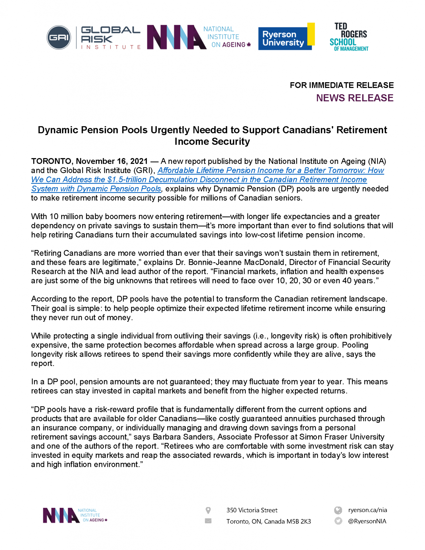 Dynamic Pension Pools Urgently Needed to Support Canadians' Retirement ...