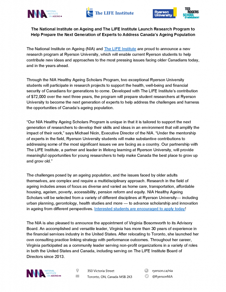 The National Institute on Ageing and The LIFE Institute Launch Research ...